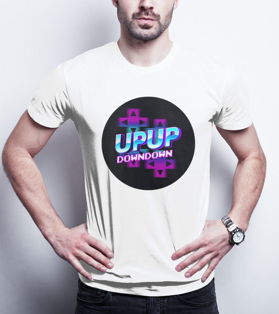 UPUP DOWNDOWN Retro Video Game Arrows Neon Text T-Shirt