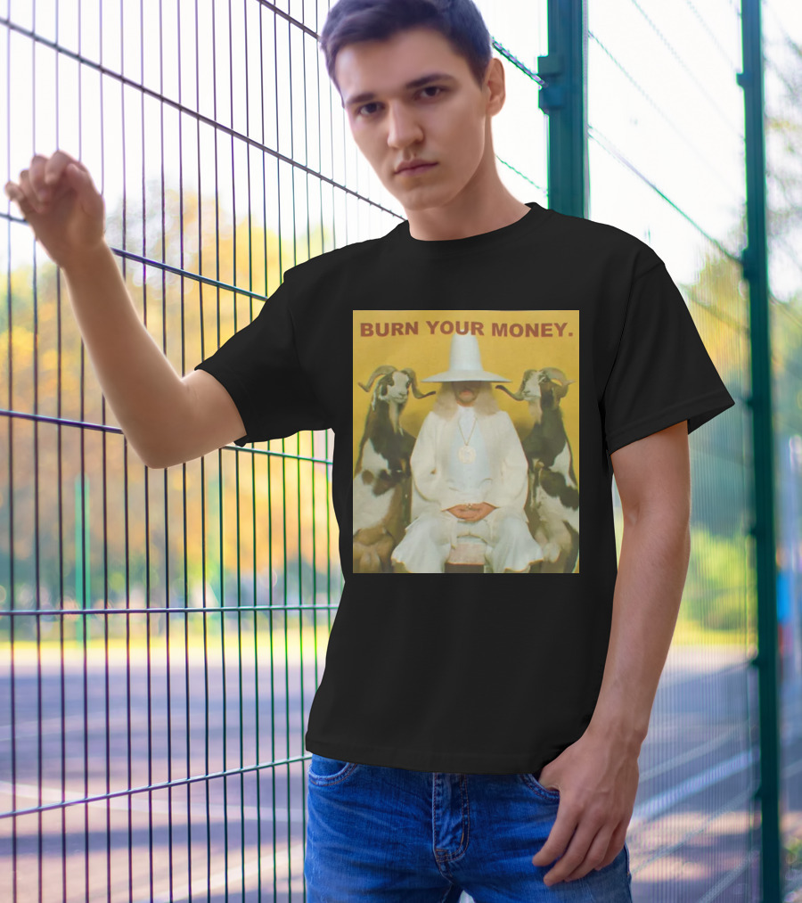 BURN YOUR MONEY White Suit Man With Goats T-Shirt
