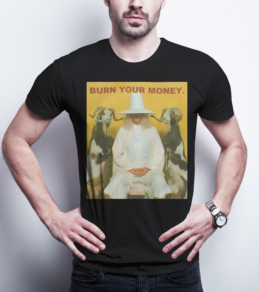 BURN YOUR MONEY White Suit Man With Goats T-Shirt