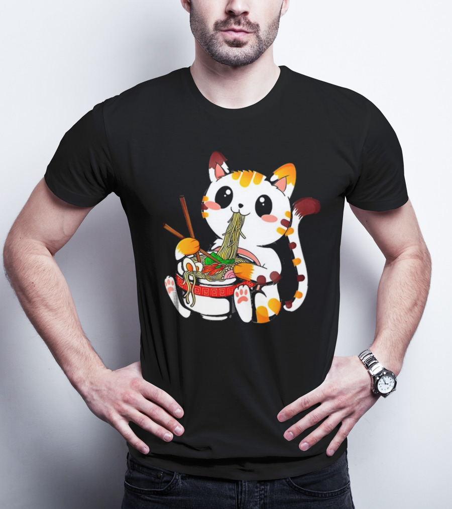 Furia Hiswattson Cat Enjoying Ramen Bowl With Chopsticks T-Shirt