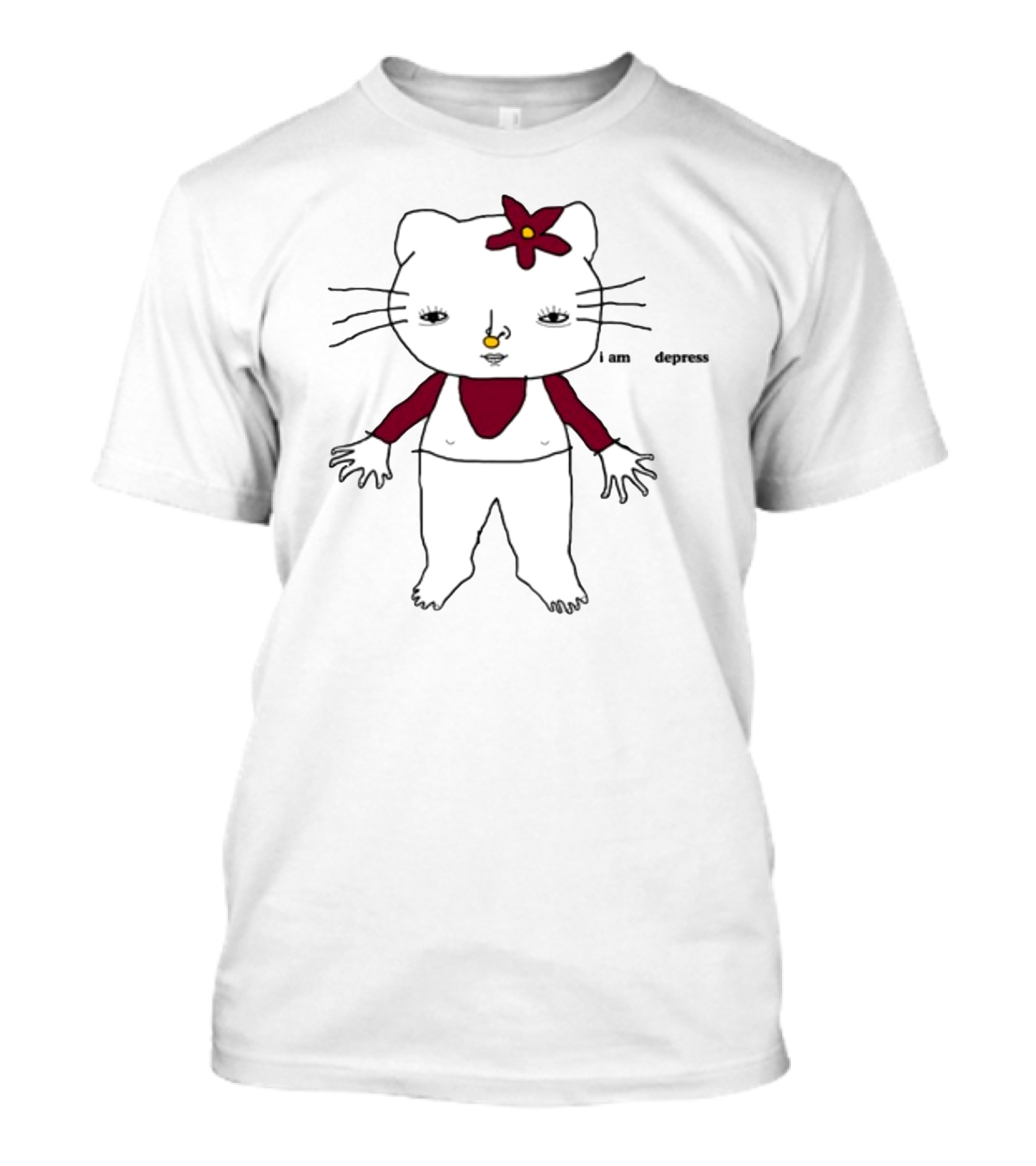 I Am So Depressed Hello Kitty Flower Head White 四화 Red T-Shirt
