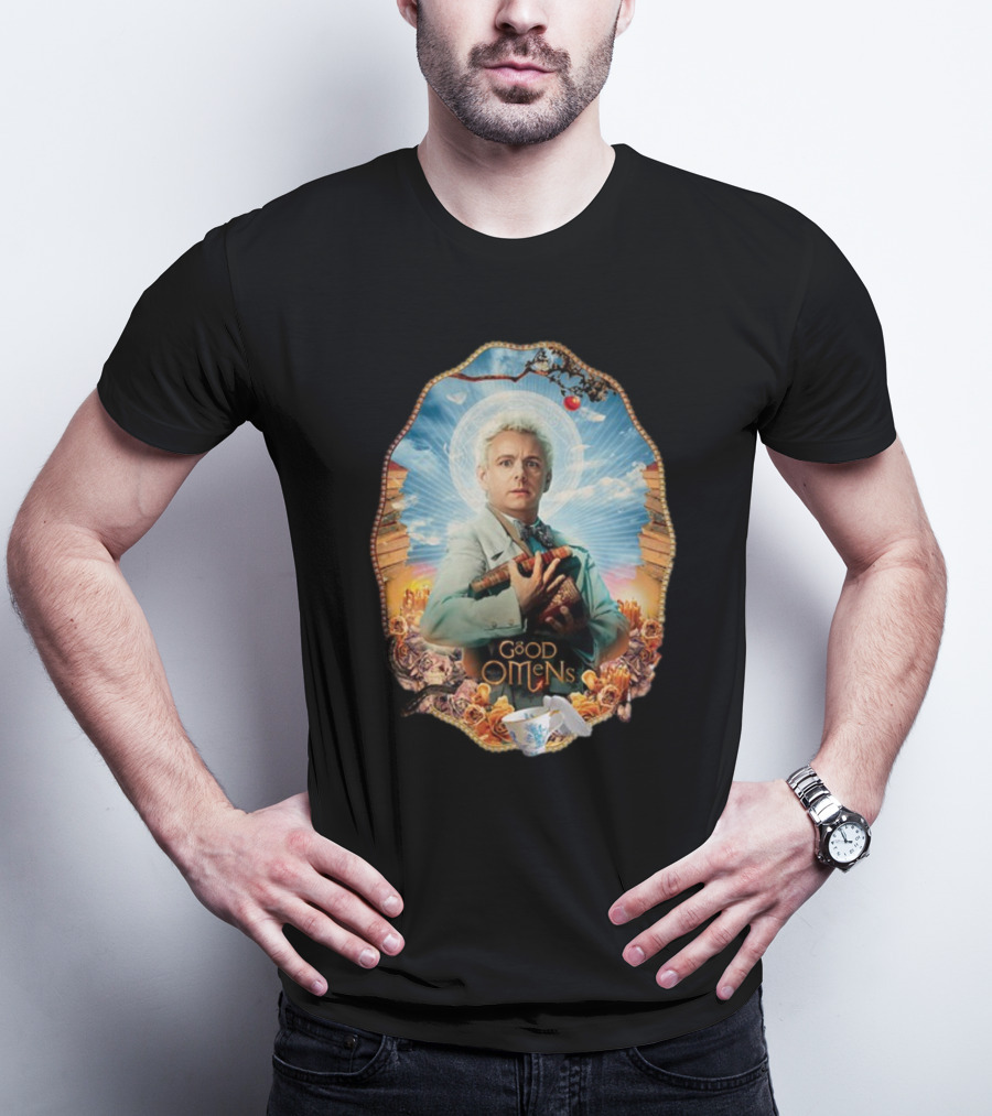 Good Omens Aziraphale Holding Books And Broken Tea Cup With Halo And Clouds T-Shirt