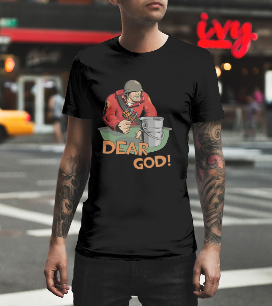 Team Fortress 2 Soldier Red Outfit With Grenade And Bucket Dear God T-Shirt