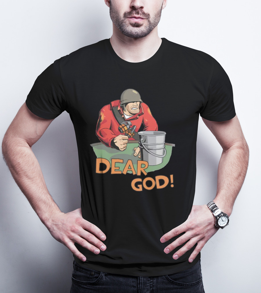 Team Fortress 2 Soldier Red Outfit With Grenade And Bucket Dear God T-Shirt
