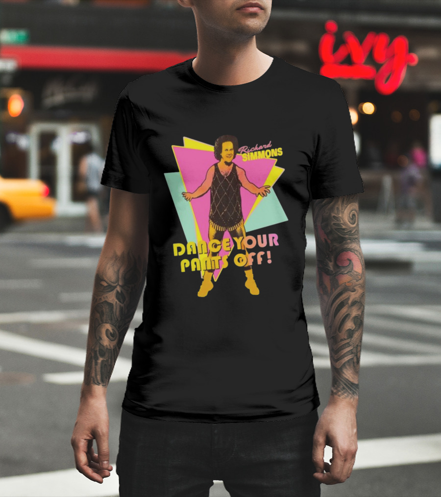 Richard Simmons Dance Your Pants Off Vintage Workout Retro Neon Triangles T-Shirt