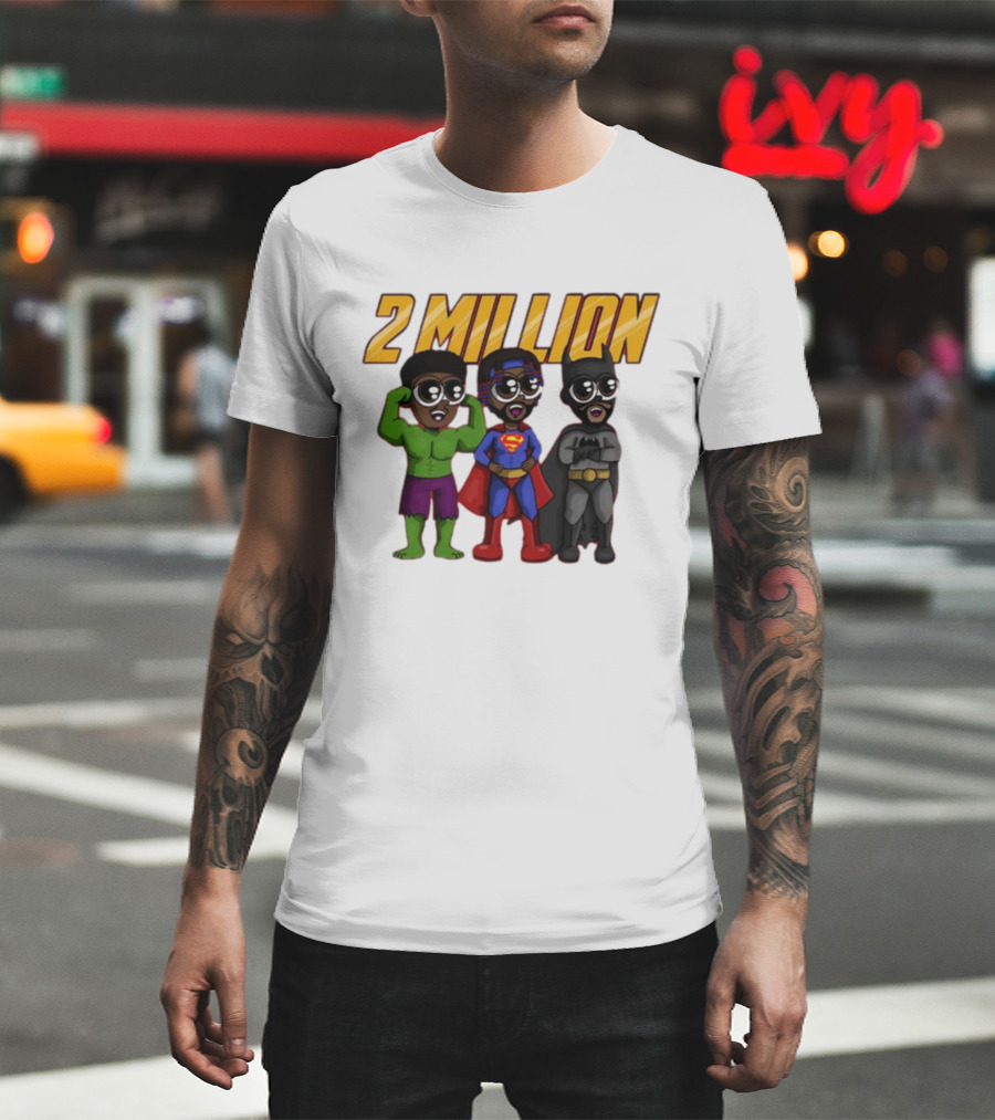 2 Million Superhero Celebration With Hulk Superman And Batman Characters T-Shirt