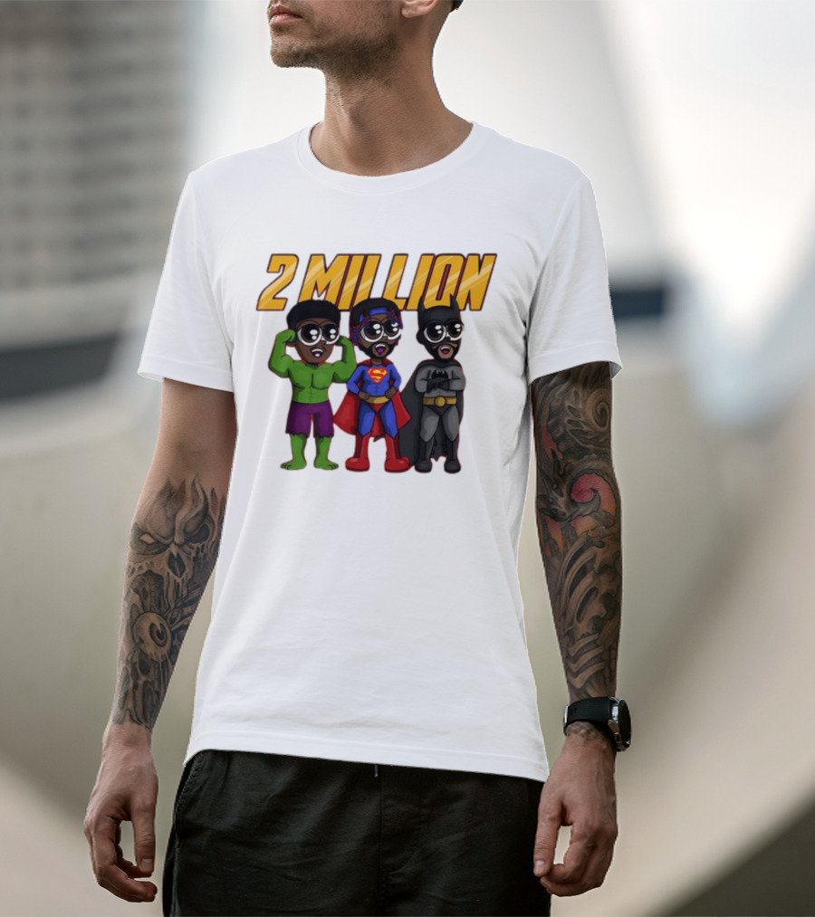 2 Million Superhero Celebration With Hulk Superman And Batman Characters T-Shirt