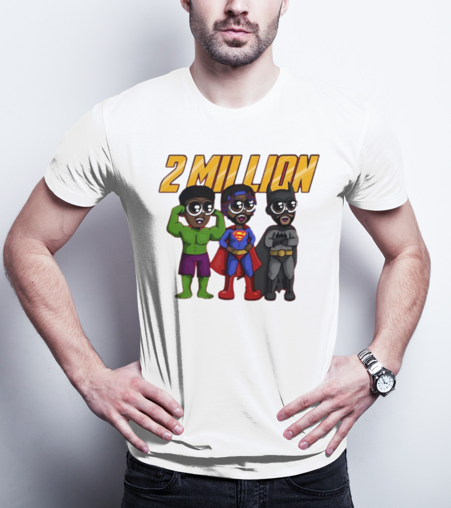 2 Million Superhero Celebration With Hulk Superman And Batman Characters T-Shirt