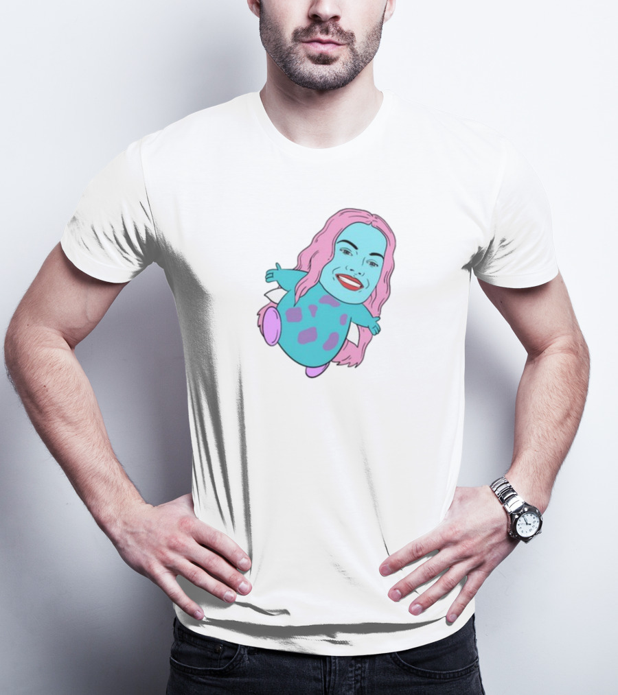 Margot X Bibble Fusion Cartoon Character With Pink Hair And Smiling Face On Blue Creature Body T-Shirt