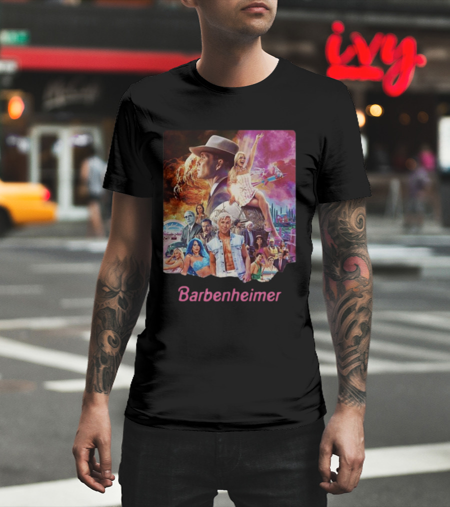 Barbenheimer Explosive Vintage Mashup In Vibrant Retro Style With Iconic Characters T-Shirt