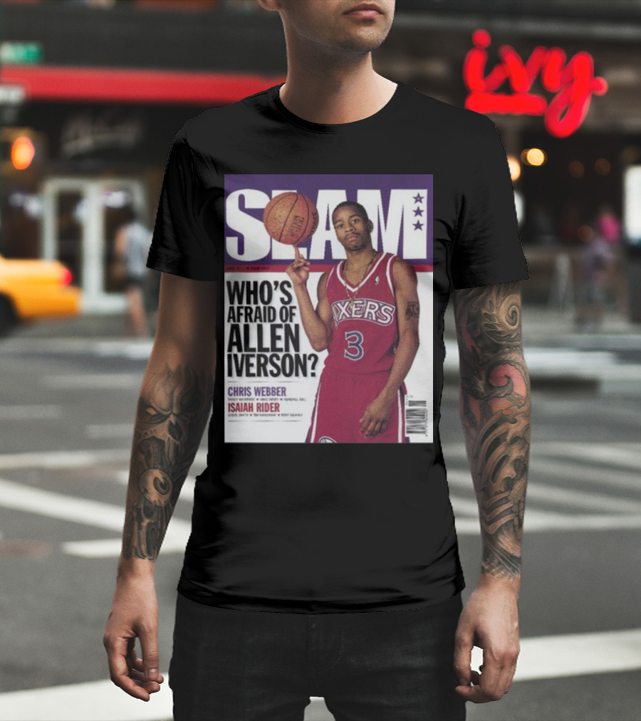 Slam Magazine Cover: Allen Iverson In Sixers Jersey With Who's Afraid Of Allen Iverson Headline T-Shirt