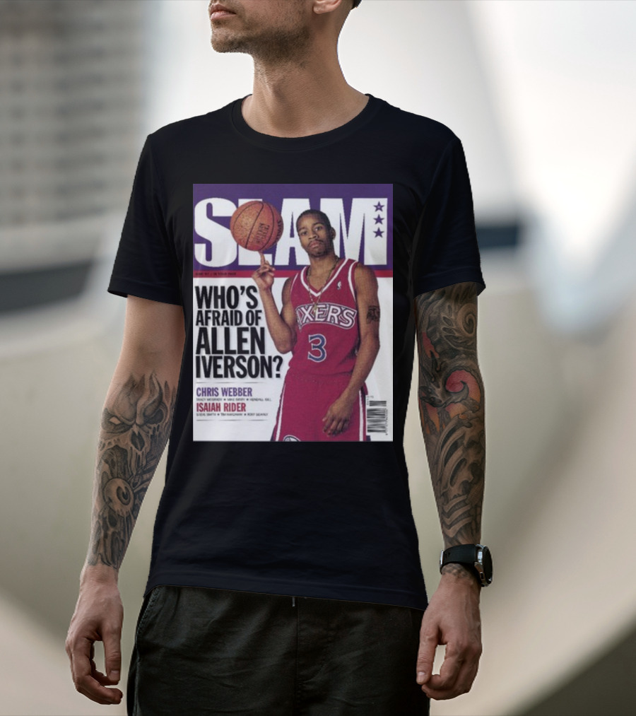 Slam Magazine Cover: Allen Iverson In Sixers Jersey With Who's Afraid Of Allen Iverson Headline T-Shirt