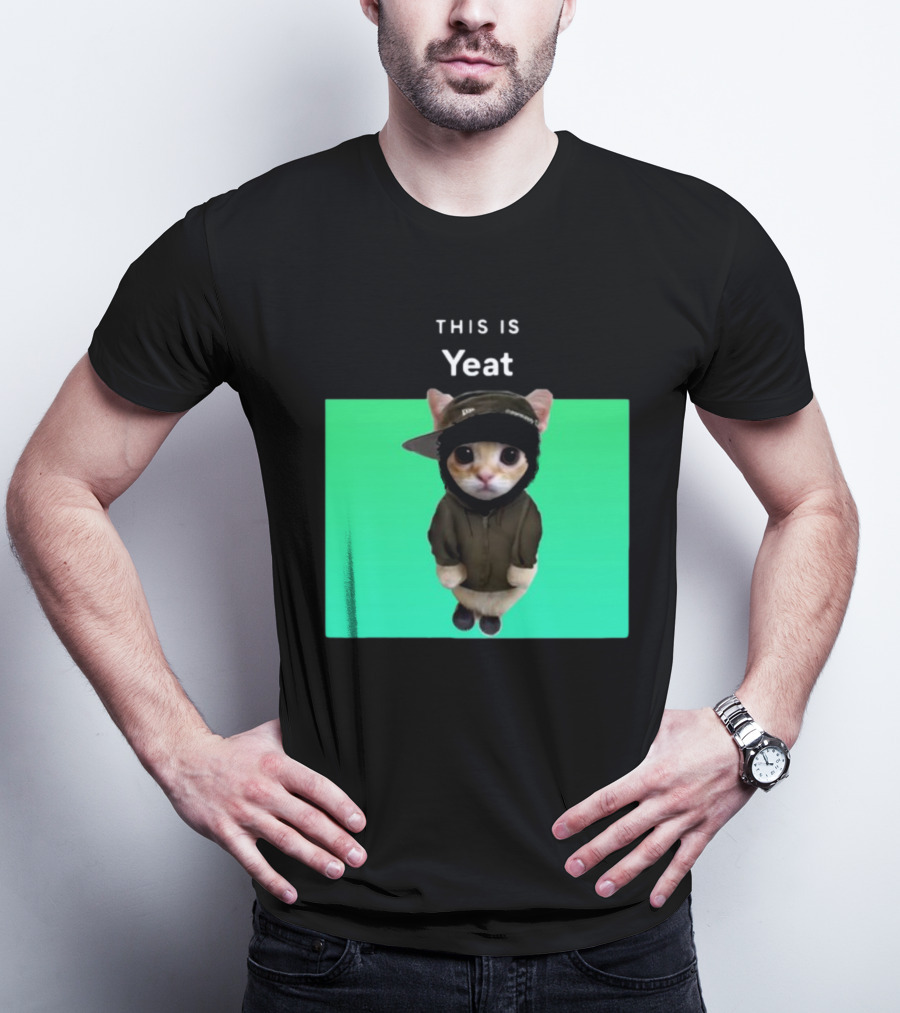 Yeat Cat Wearing Hoodie And Cap On Green Background T-Shirt
