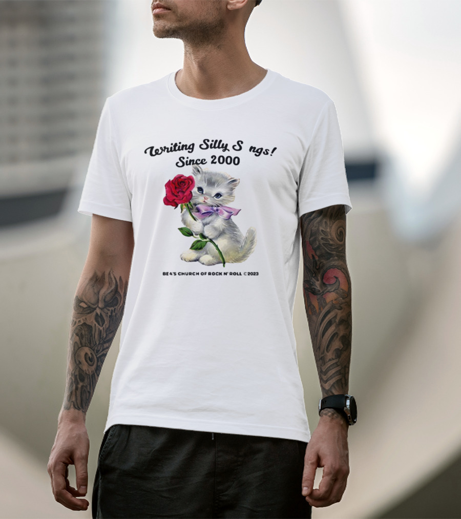 Writing Silly Songs Since 2000 Cute Kitten With Red Rose And Pink Bow T-Shirt