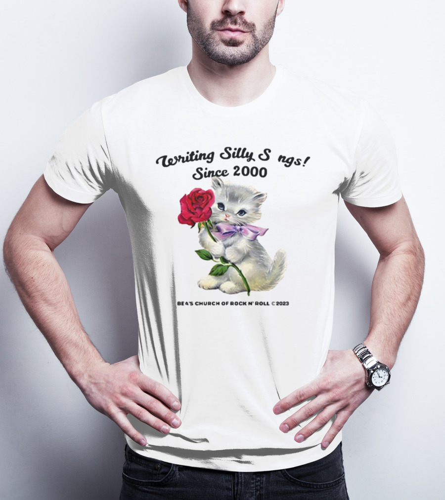Writing Silly Songs Since 2000 Cute Kitten With Red Rose And Pink Bow T-Shirt