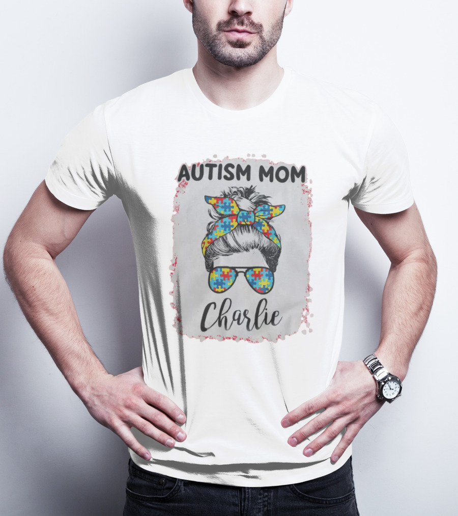 Autism Mom Charlie Puzzle Pattern Messy Bun Hair T-Shirt