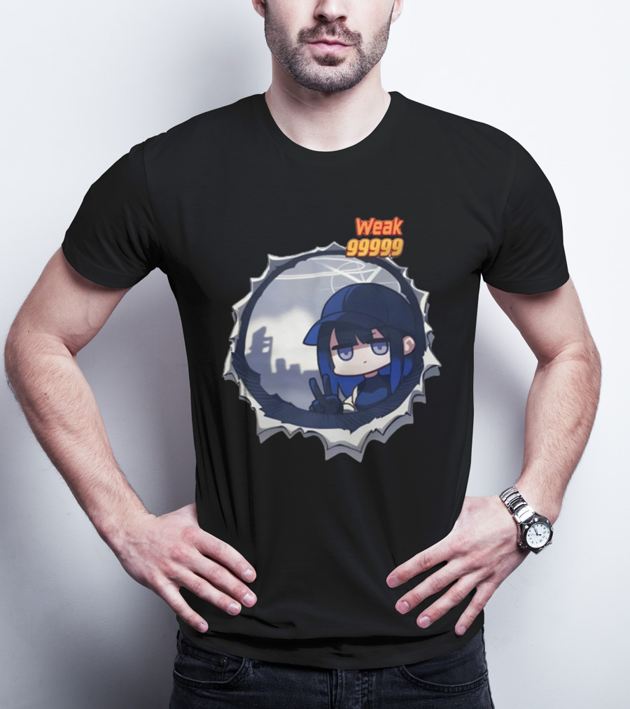 Weak 99999 Manga Character Peering Through Circular Portal T-Shirt