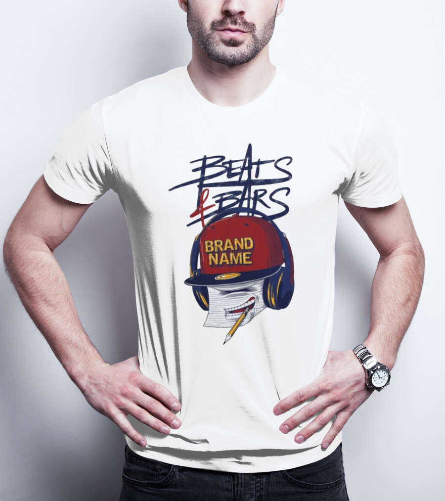 Beats And Bars Brand Name Hat Headphones Pencil Sketch T-Shirt
