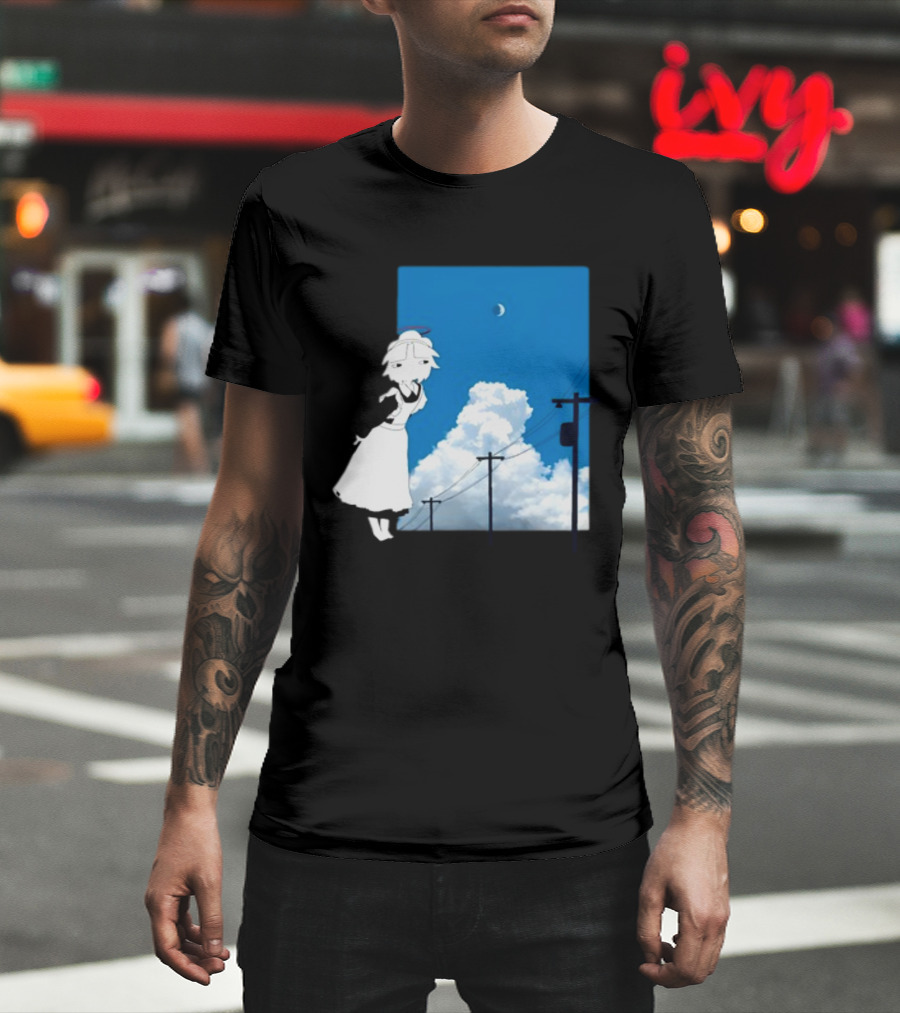 Electric Maid Under Cloudy Sky And Moon With Power Lines T-Shirt