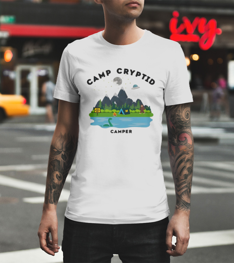Camp Cryptid Camper UFO Area Loch Ness Bigfoot Camping Scene T-Shirt