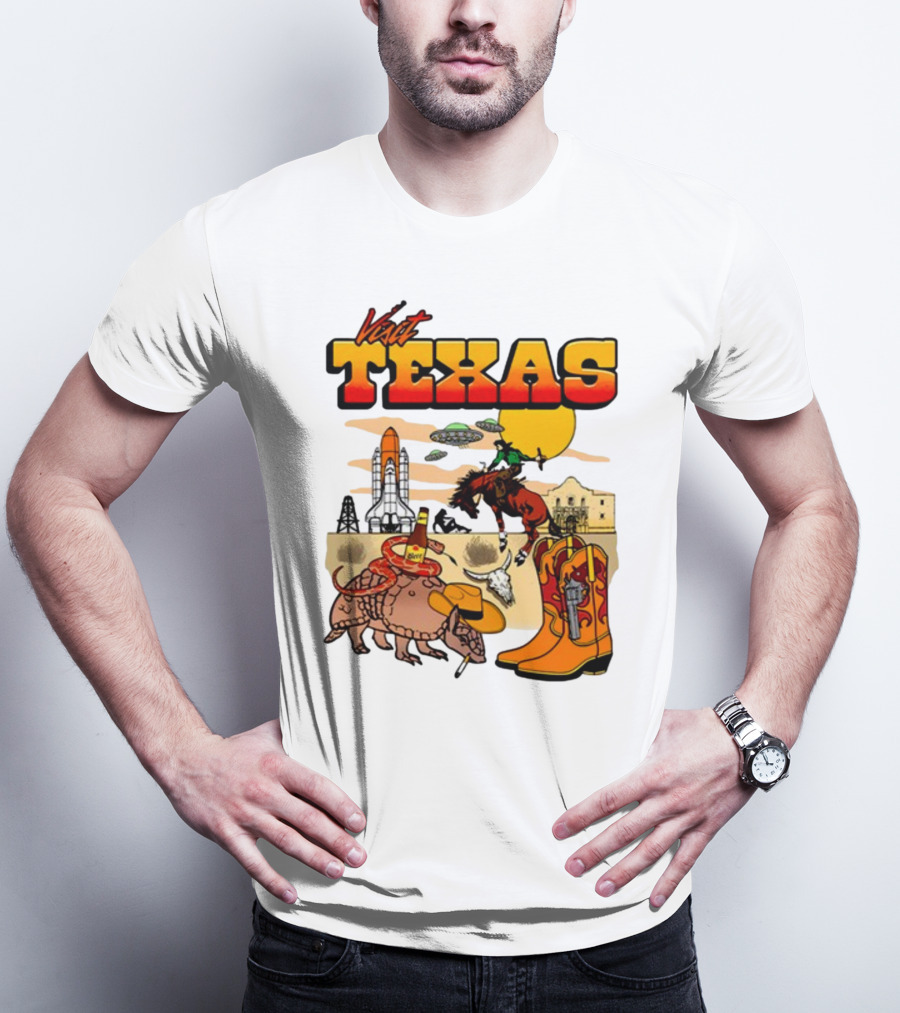 Visit Texas Armadillo Cowboy Boots Space Shuttle UFOs Rodeo Horse Alamo T-Shirt