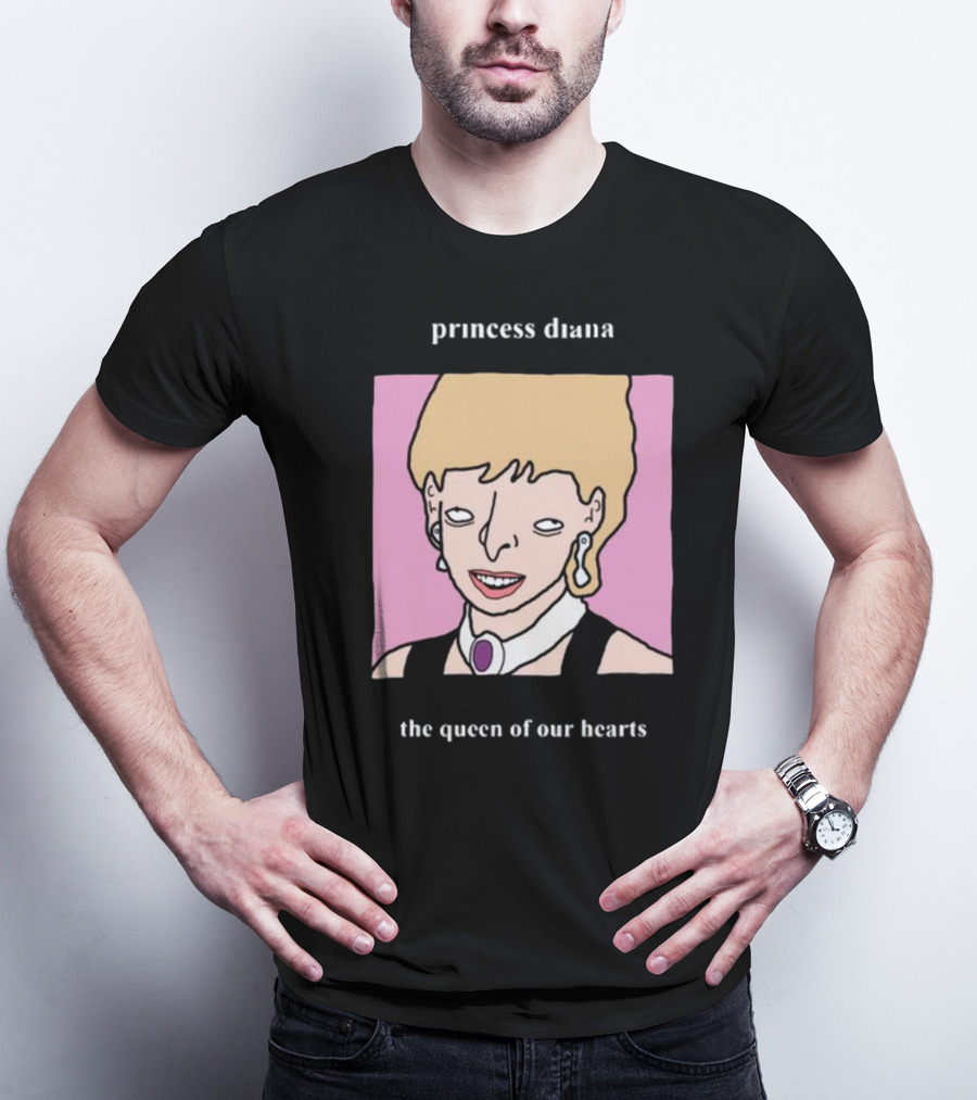 Princess Diana The Queen Of Our Hearts Cartoon Portrait On Pink Background T-Shirt