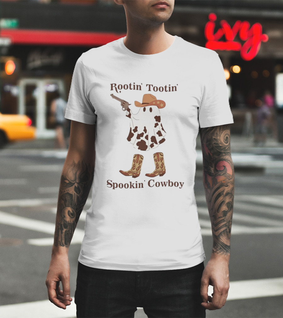 Gotfunny Rootin' Tootin' Spookin' Cowboy Brown Boots Ghost Hat Gun Blazing T-Shirt