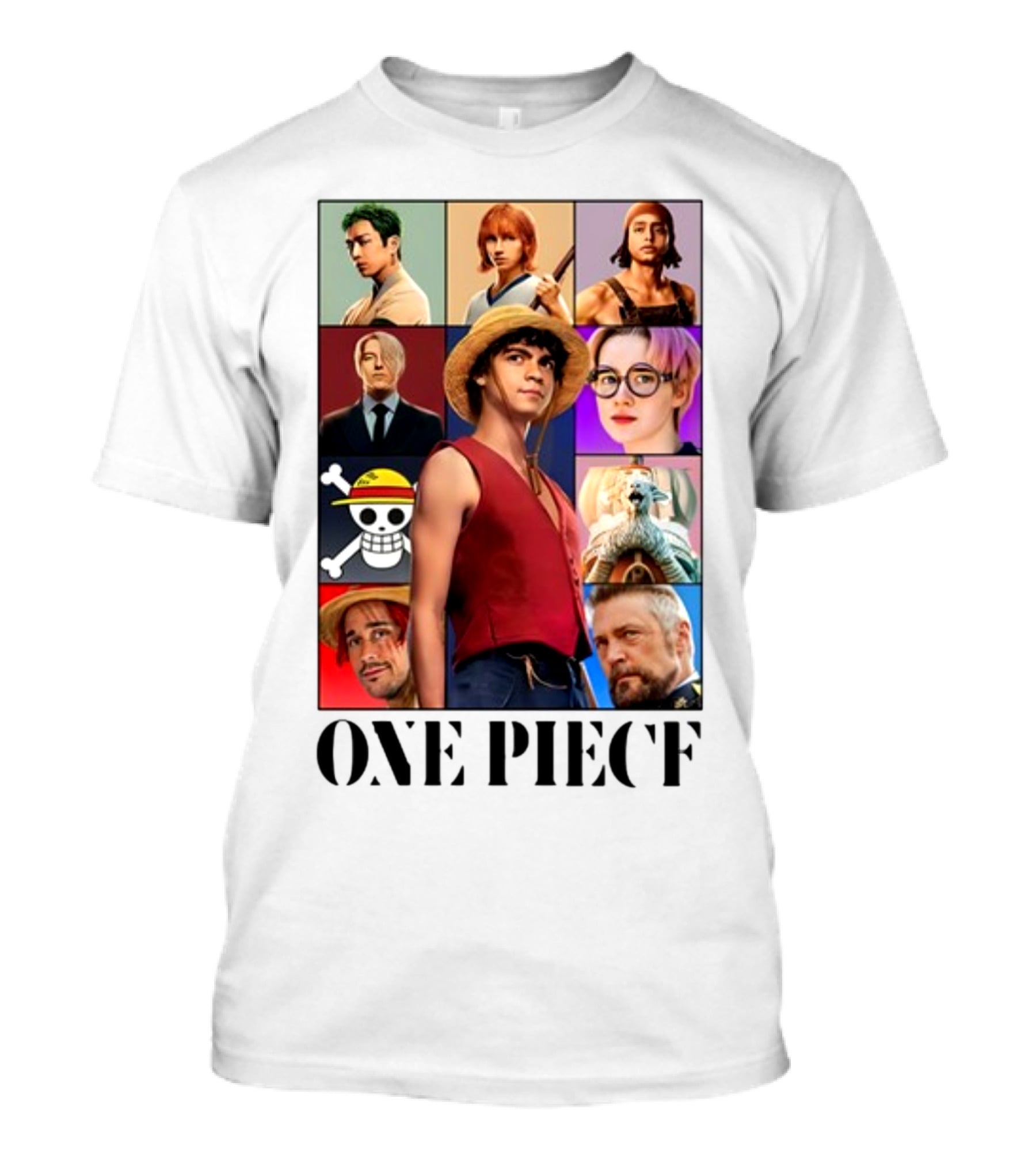 One Piece Characters Collage With Skull And Straw Hat T-Shirt