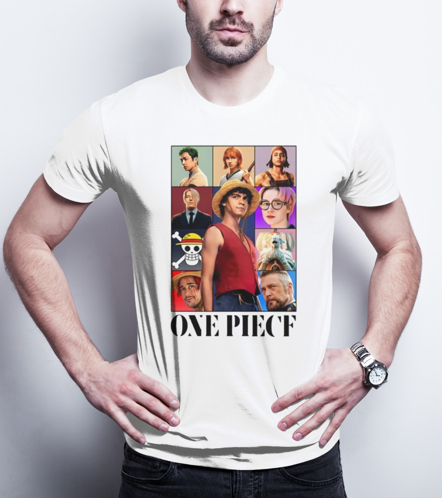 One Piece Characters Collage With Skull And Straw Hat T-Shirt