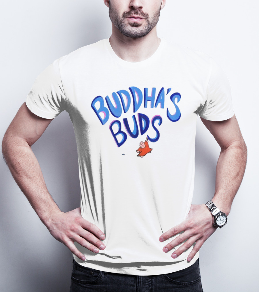 Buddha's Buds Blue Lettering With Cartoon Figure T-Shirt