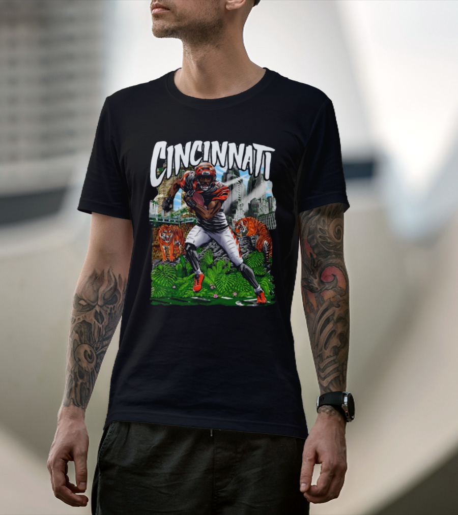 Cincinnati Jungle Football Player With Tigers And City Skyline T-Shirt