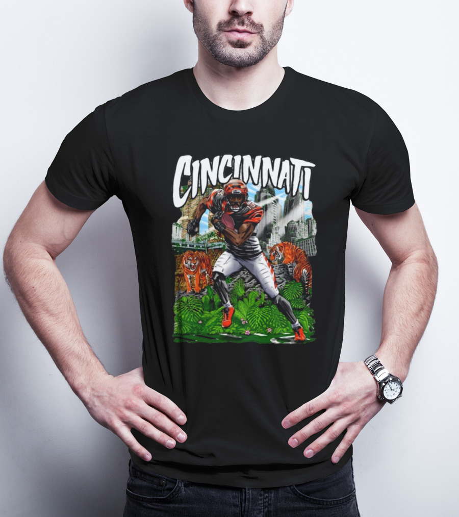 Cincinnati Jungle Football Player With Tigers And City Skyline T-Shirt