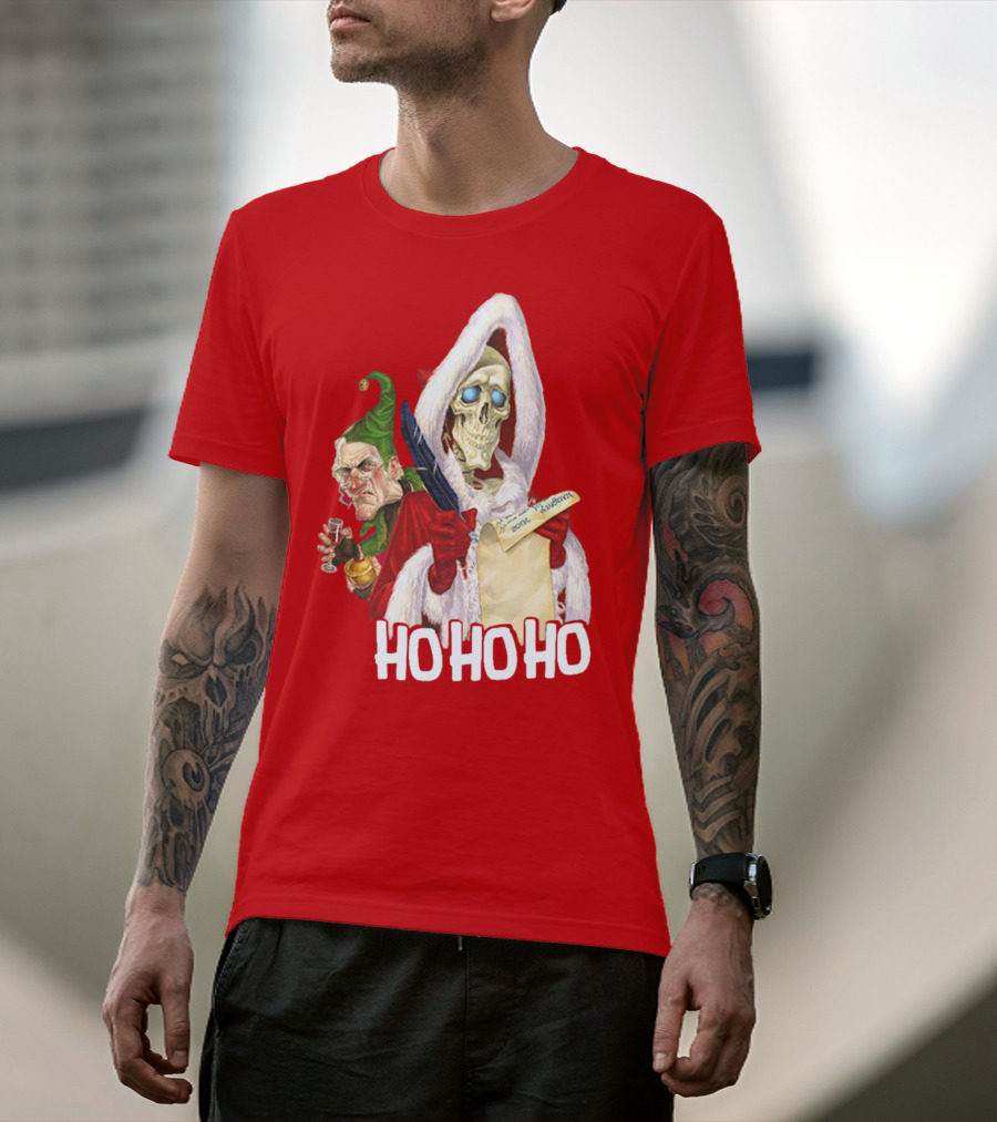 Ho Ho Ho Death With Albert Hogs Santa Skeleton And Elf T-Shirt