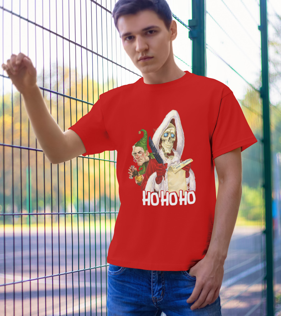 Ho Ho Ho Death With Albert Hogs Santa Skeleton And Elf T-Shirt