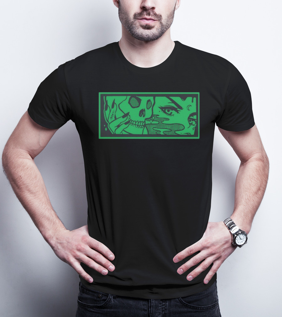Max Smoking Skull Art Green T-Shirt