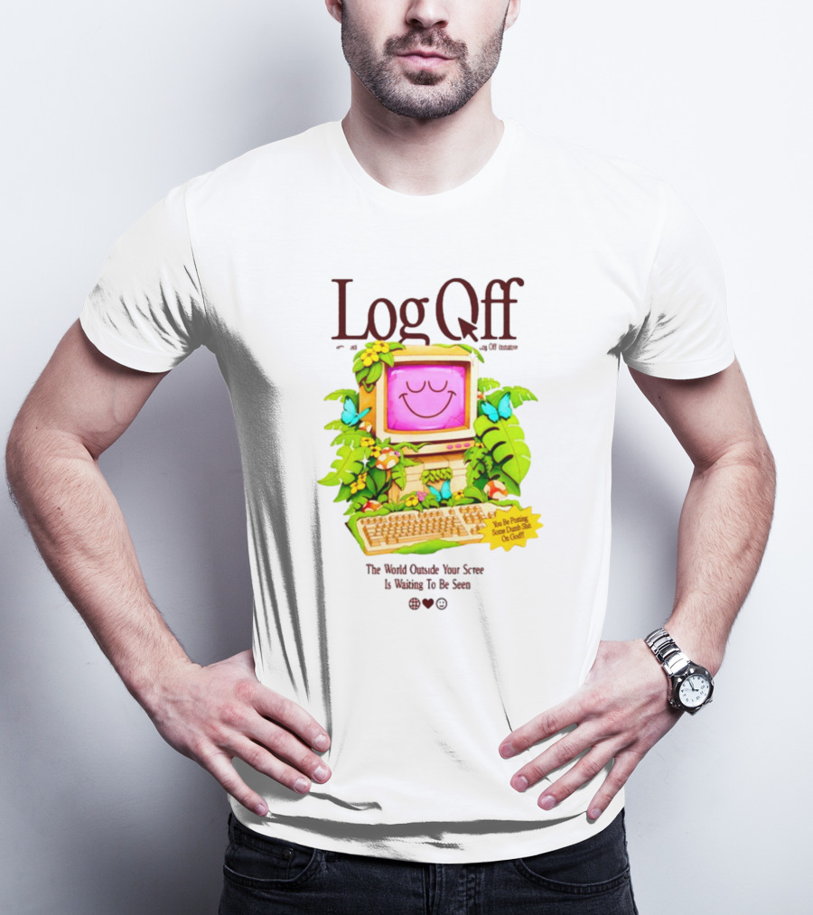 Log Off The World Outside Your Screen Is Waiting To Be Seen Vintage Computer Jungle Aesthetic T-Shirt