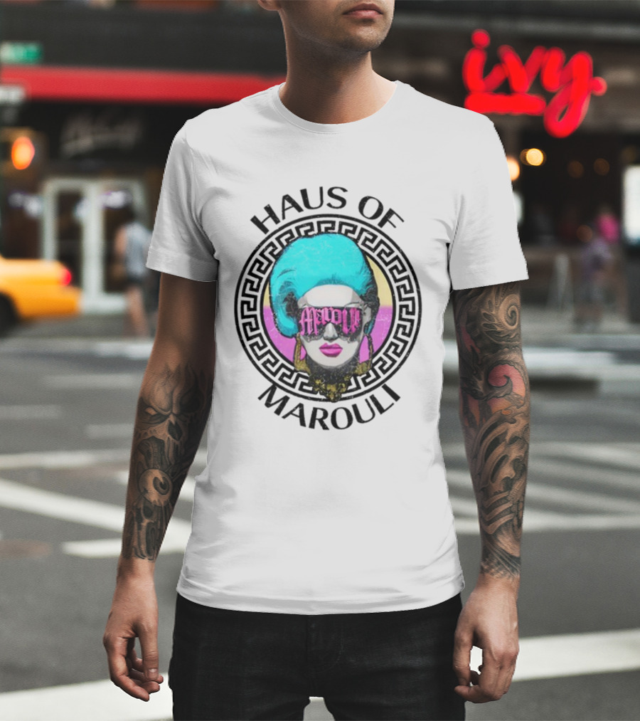 HAUS OF MAROULI Neon Glam Icon With Greek Key Border T-Shirt