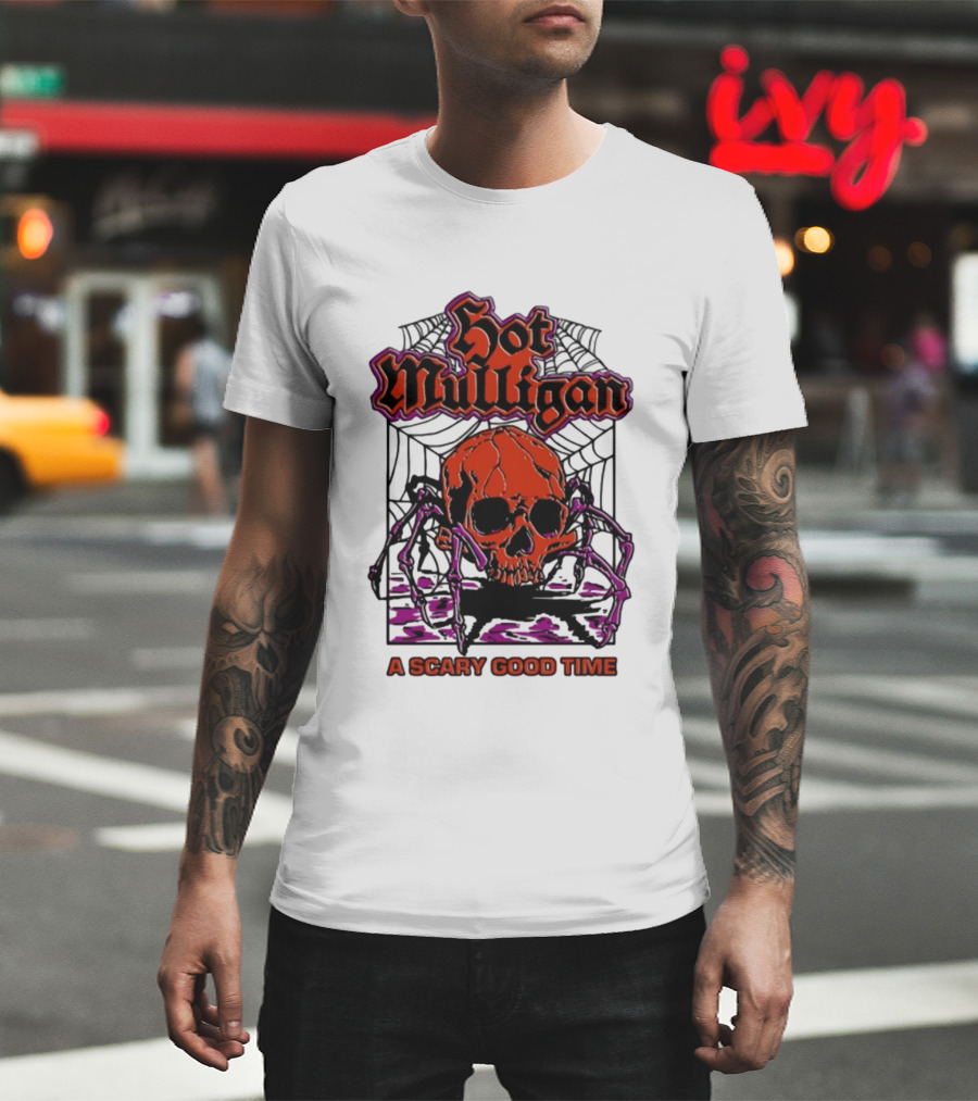 Hot Mulligan Halloween Skull Web A Scary Good Time T-Shirt