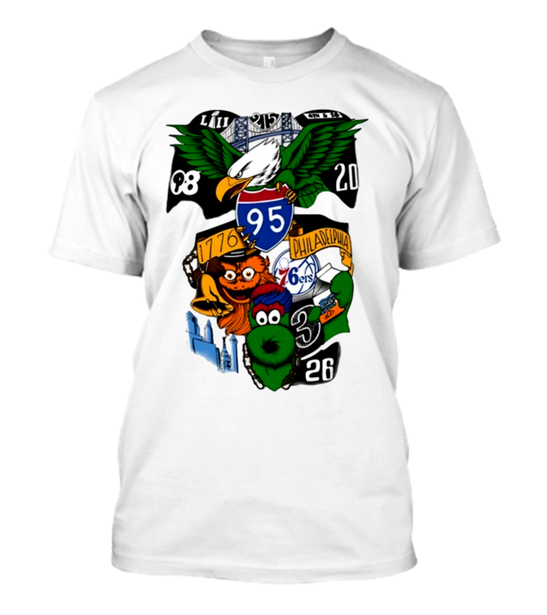 Philadelphia 215 Eagles 76ers 95 Gritty Fanatic 1776 98 26 20 Skyline LIII T-Shirt