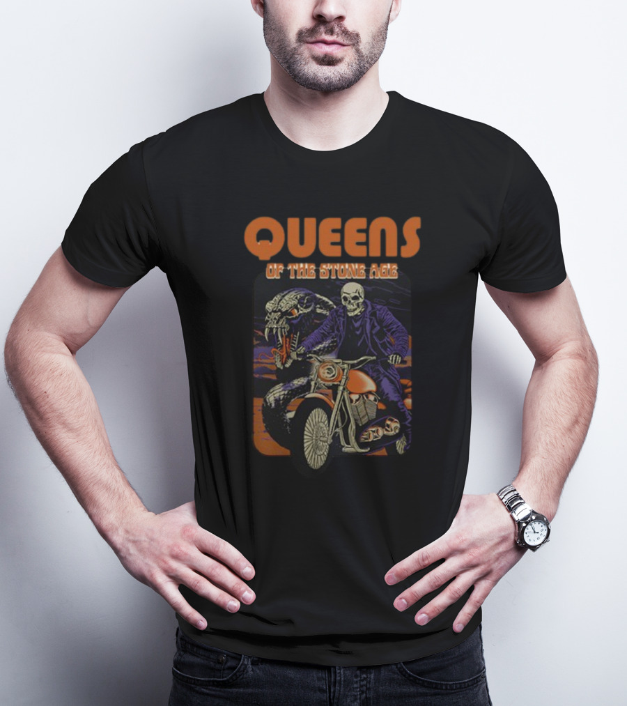 Queens Of The Stone Age Skeleton Biker With Snake Background T-Shirt