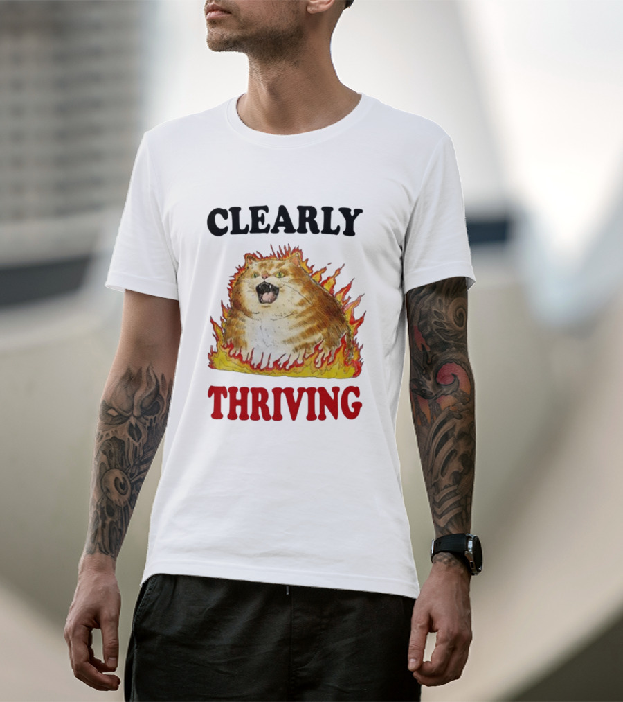 CLEARLY THRIVING Fluffy Cat In Flames T-Shirt