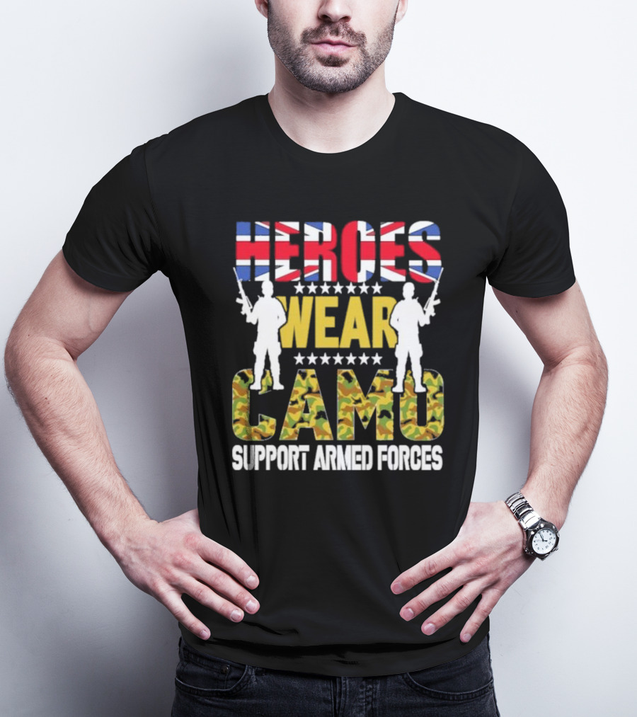 Heroes Wear Camo Support Armed Forces UK Flag T-Shirt
