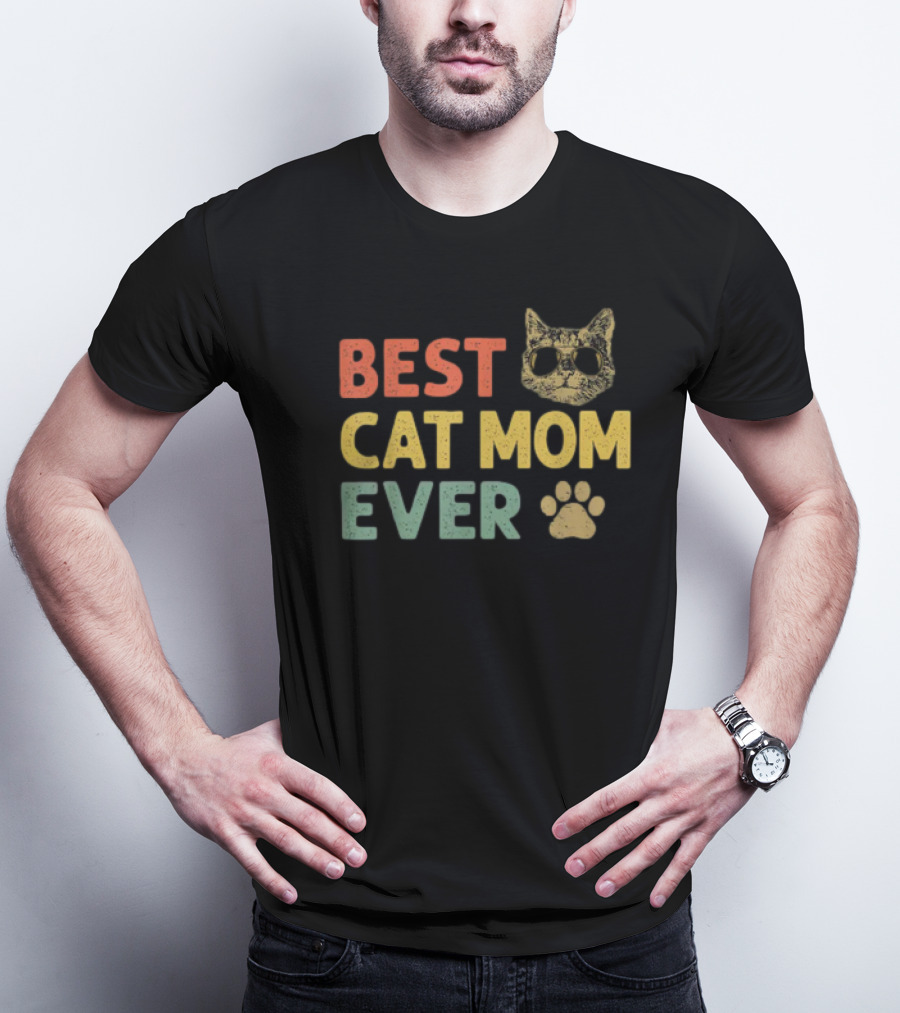 Best Cat Mom Ever Vintage Cat With Sunglasses And Paw Prints T-Shirt