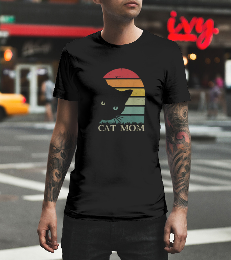 Vintage Cat Mom For Women Funny Cat Mom Mother Retro Sunset Cat T-Shirt