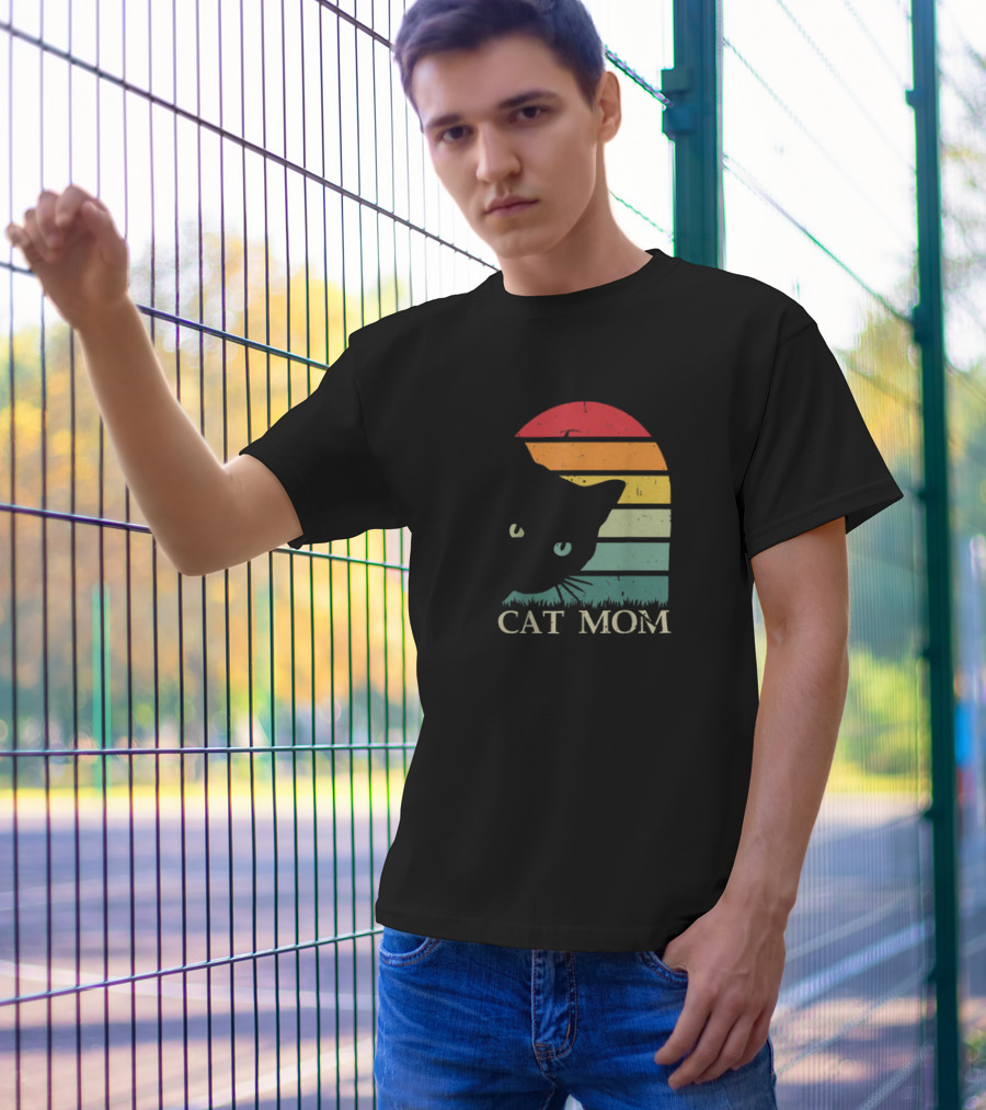 Vintage Cat Mom For Women Funny Cat Mom Mother Retro Sunset Cat T-Shirt