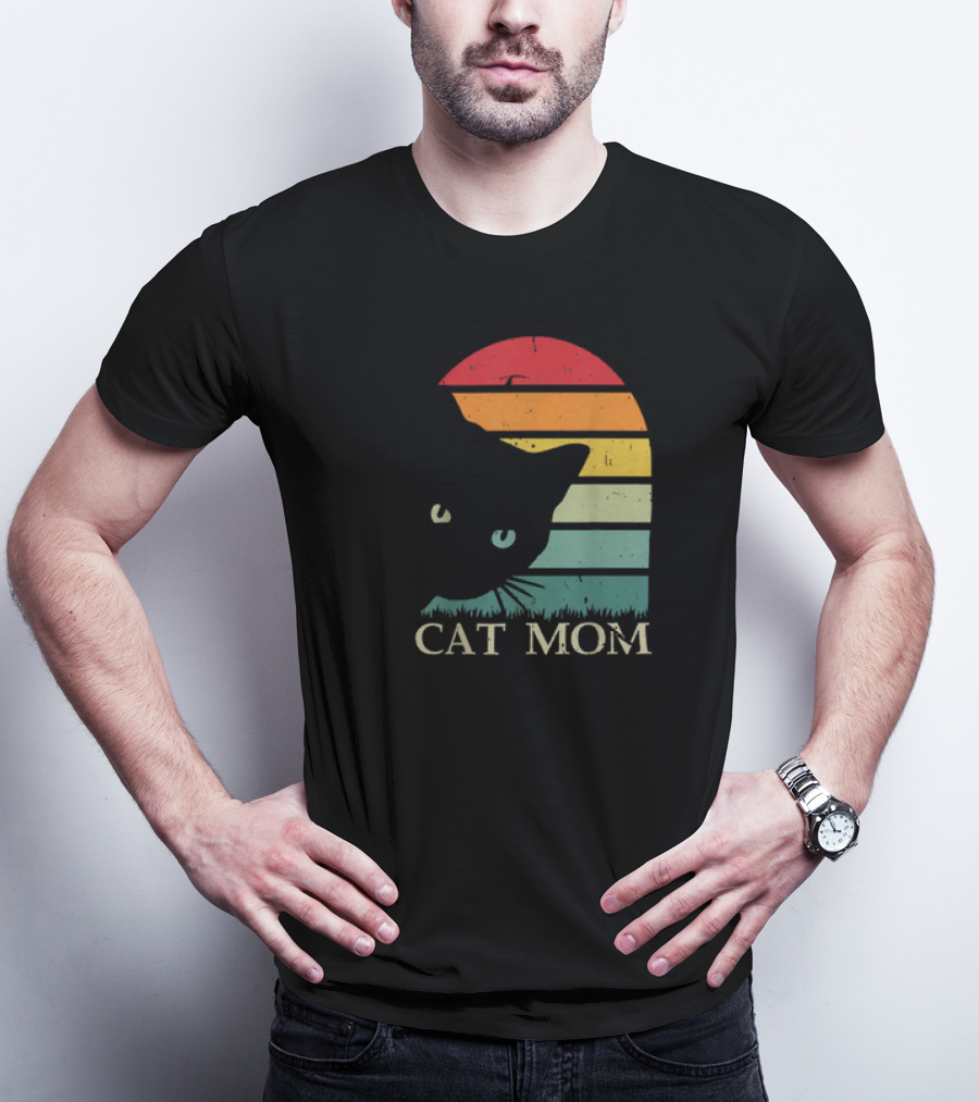 Vintage Cat Mom For Women Funny Cat Mom Mother Retro Sunset Cat T-Shirt