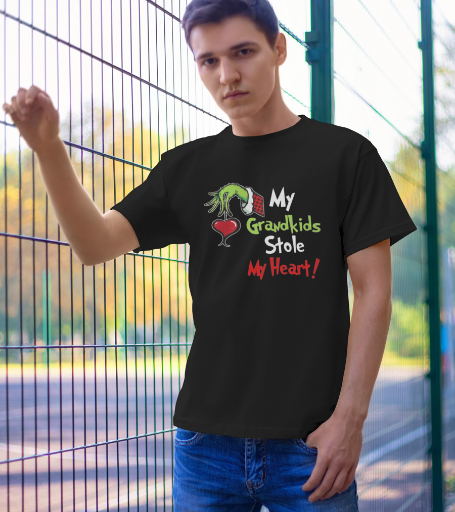 Grinch Green Monster Christmas My Grandkids Stole My Heart Kids Textured Sleeves T-Shirt