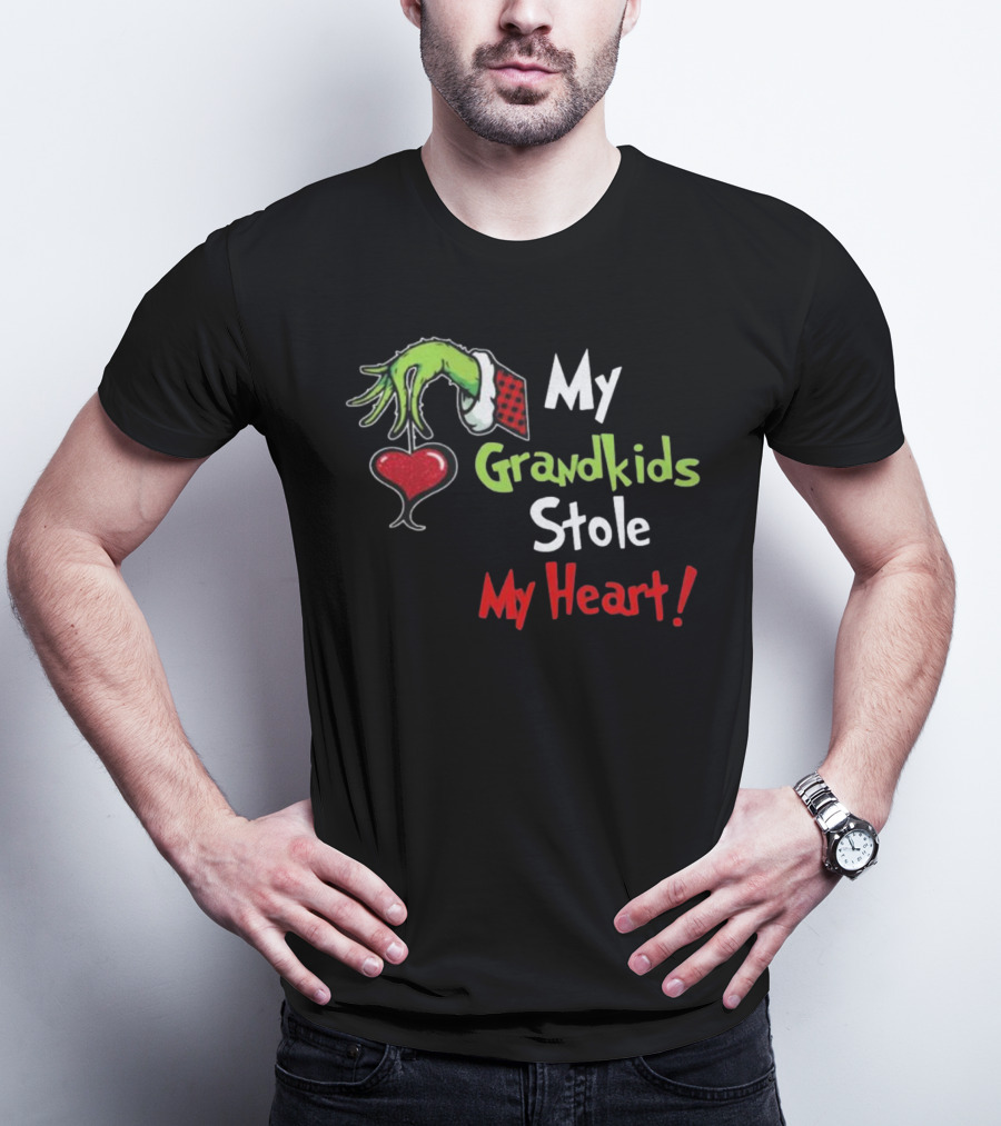 Grinch Green Monster Christmas My Grandkids Stole My Heart Kids Textured Sleeves T-Shirt