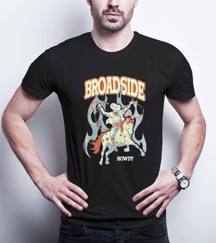 BROADSIDE HOWDY Cowboy On Horseback With Flames T-Shirt