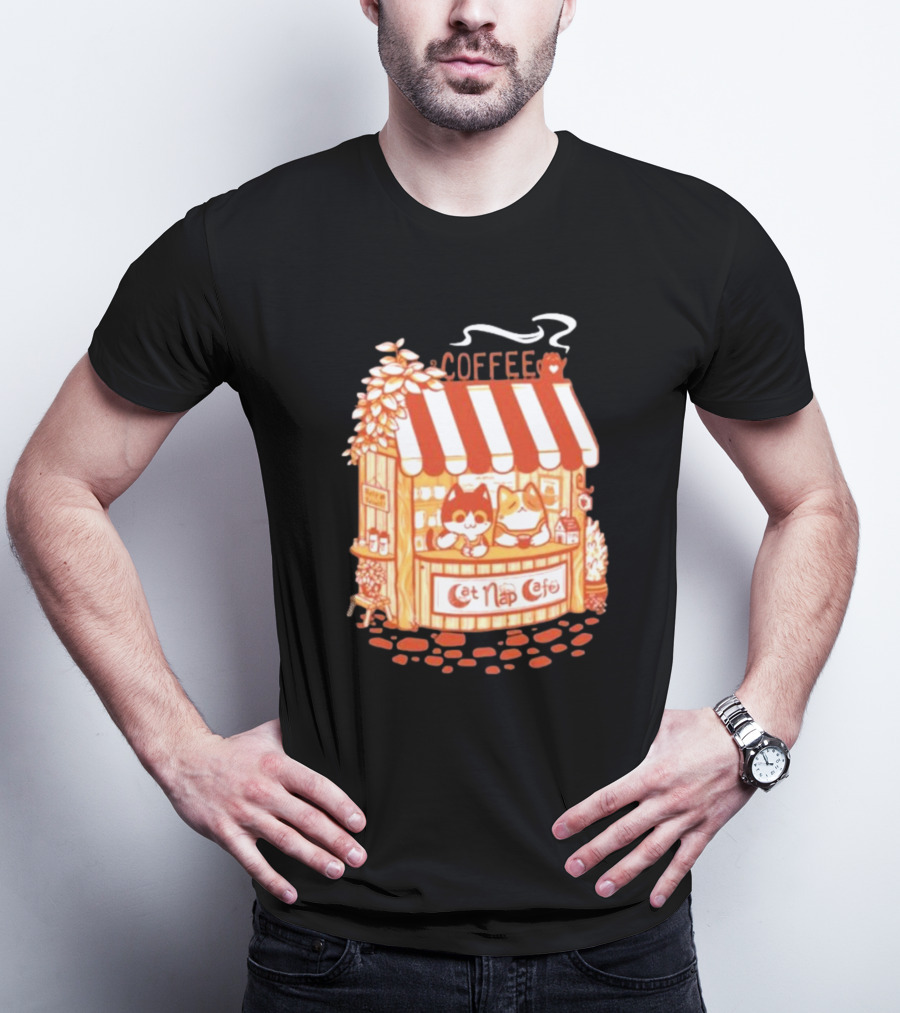 Lazy Cat Coffee Cat Nap Cafe Cozy Kiosk T-Shirt